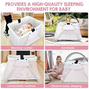 Portable Playard with Bassinet Insert for Babies Activity Indoor Outdoor Onasti Playpen with UPF Sunshade Folding Compact for Family Travel Beach Light Grey Themed