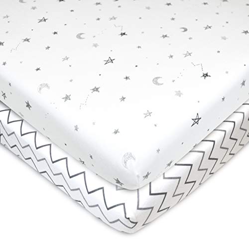 TL Care 2 Pack Printed 100% Natural Cotton Jersey Knit Fitted Portable/Mini-Crib Sheet,Gray Stars/Zigzag, Soft Breathable, for Boys and Girls