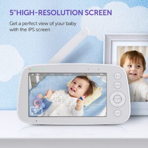 HiPP Baby Monitor, 5" 720P Video Baby Monitor with Pan-Tilt-Zoom Camera, Audio and Visual Monitoring, Infrared Night Vision and Thermal Monitor，2-Way Talk, 900ft Range, 4500mAh Rechargeable Battery