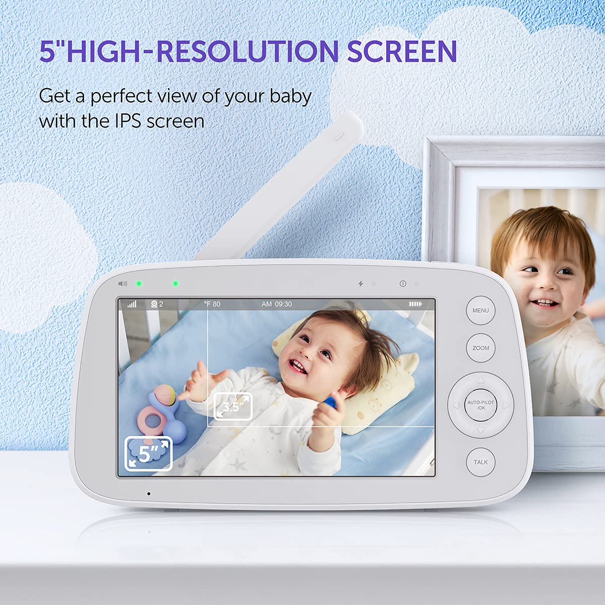 HiPP Baby Monitor, 5" 720P Video Baby Monitor with Pan-Tilt-Zoom Camera, Audio and Visual Monitoring, Infrared Night Vision and Thermal Monitor，2-Way Talk, 900ft Range, 4500mAh Rechargeable Battery