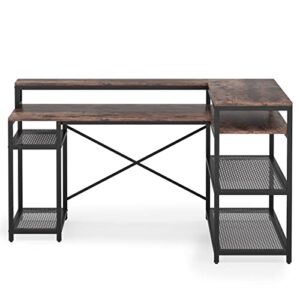 Tribesigns L Shaped Desk with Storage and Monitor Stand, Industrial Home Office Computer Desk with Storage Shelves, 59 Inch Corner Desk with Monitor Shelf(Brown)