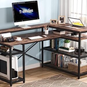 Tribesigns L Shaped Desk with Storage and Monitor Stand, Industrial Home Office Computer Desk with Storage Shelves, 59 Inch Corner Desk with Monitor Shelf(Brown)