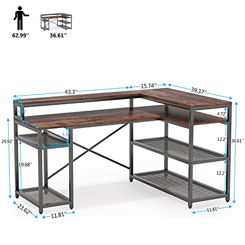 Tribesigns L Shaped Desk with Storage and Monitor Stand, Industrial Home Office Computer Desk with Storage Shelves, 59 Inch Corner Desk with Monitor Shelf(Brown)