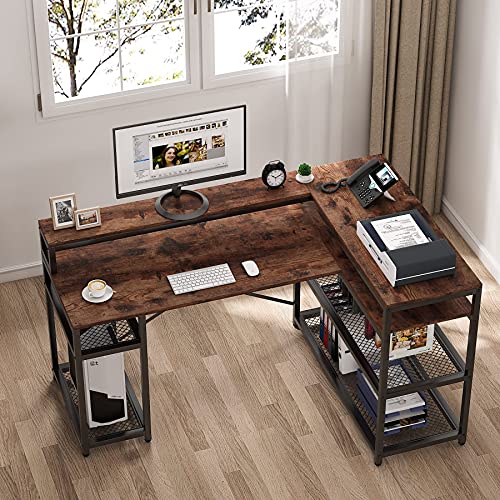 Tribesigns L Shaped Desk with Storage and Monitor Stand, Industrial Home Office Computer Desk with Storage Shelves, 59 Inch Corner Desk with Monitor Shelf(Brown)