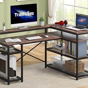 Tribesigns L Shaped Desk with Storage and Monitor Stand, Industrial Home Office Computer Desk with Storage Shelves, 59 Inch Corner Desk with Monitor Shelf(Brown)