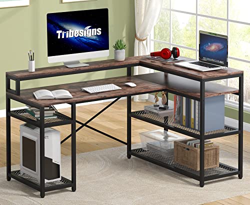 Tribesigns L Shaped Desk with Storage and Monitor Stand, Industrial Home Office Computer Desk with Storage Shelves, 59 Inch Corner Desk with Monitor Shelf(Brown)