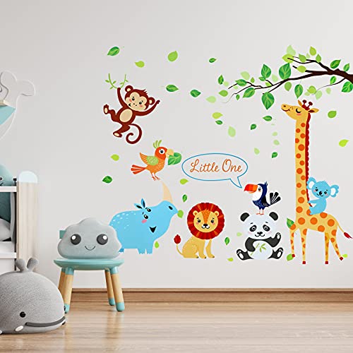 Wall Decals for Nursery Room Animal Tree Wall Stickers Baby Door Cartoon Decor Jungle Safari Giraffe Elephant DIY Children Murals Decoration Removable Wallpaper for Boy Girl Room Bedroom Wardrobe