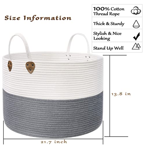 XXXLarge Cotton Rope Basket Woven Baby Laundry Basket Blanket Basket Toy Basket with Handle Comforter Cushions Storage Bin Thread Laundry Hamper - 21.7" x 21.7" x 13.8" (Grey-Black)