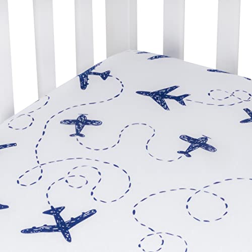 Andi Mae Crib Sheet - Blue Airplanes - 100% Jersey Cotton - Fits Standard Crib or Toddler Mattresses