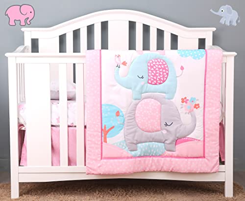 Baby Bees 4 Pieces Baby Elephant Crib Bedding Sets for Boys and Girls | Baby Bedding Set of Crib Sheet, Quilt, Dust Ruffle for Standard Size Crib