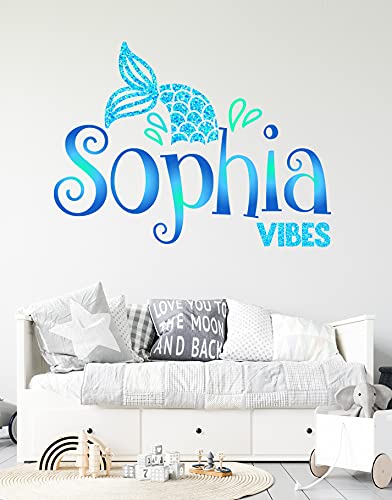 Mermaid Custom Name Wall Decal - Girls Personalized Name Mermaid Tail Wall Sticker - Sparkle Mermaid Wall Decor - Girls Personalize Name Wall Art Sticker - Wall Decal for Nursery Playroom Bedroom Decoration (Wide 15"x11" Height)