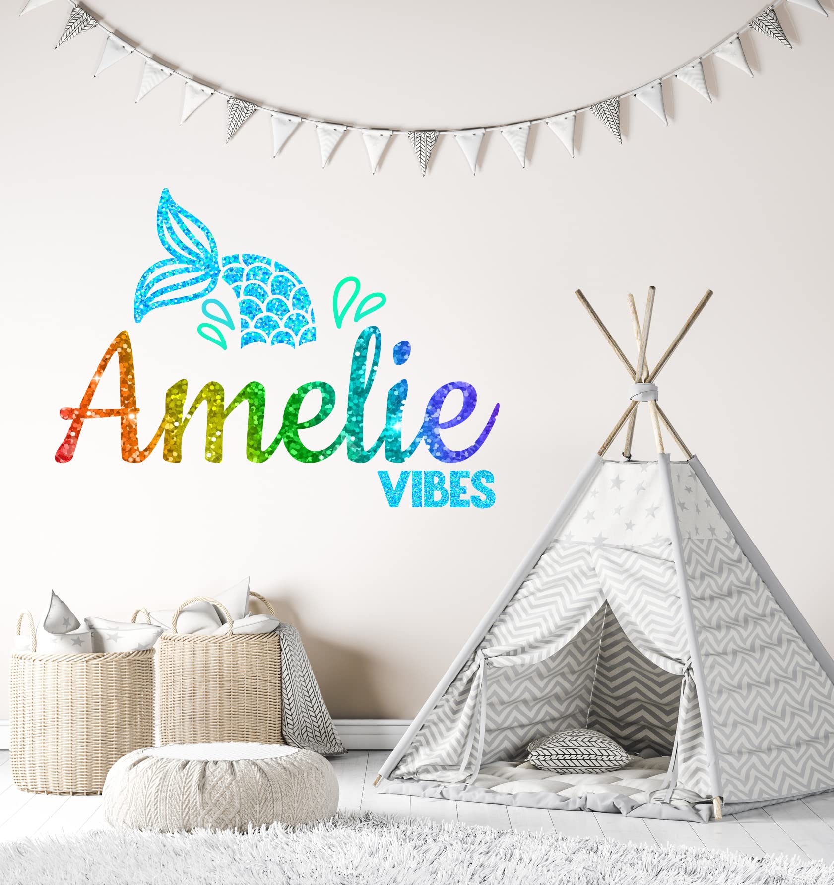 Mermaid Custom Name Wall Decal - Girls Personalized Name Mermaid Tail Wall Sticker - Sparkle Mermaid Wall Decor - Girls Personalize Name Wall Art Sticker - Wall Decal for Nursery Playroom Bedroom Decoration (Wide 15"x11" Height)