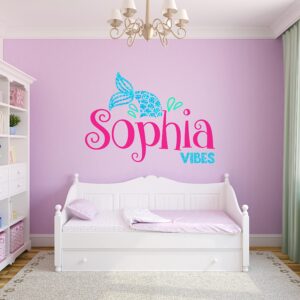 Mermaid Custom Name Wall Decal - Girls Personalized Name Mermaid Tail Wall Sticker - Sparkle Mermaid Wall Decor - Girls Personalize Name Wall Art Sticker - Wall Decal for Nursery Playroom Bedroom Decoration (Wide 15"x11" Height)