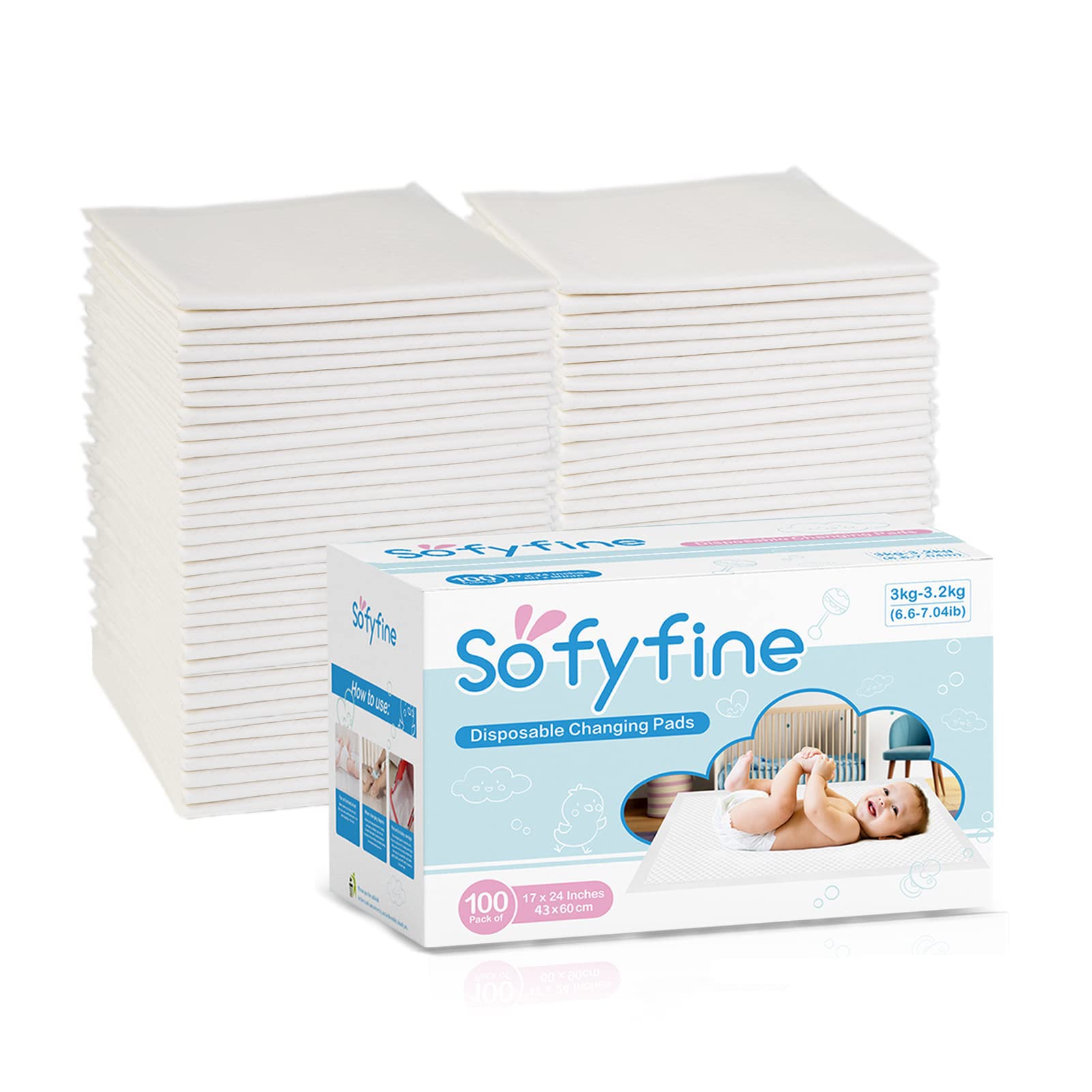 SOFYFINE Disposable Changing Pads for Baby 17x24 (100 Count), Heavy Absorbent Diaper Underpads for Changing Table, Waterproof Toddler Pee Pad (White, 30g/Piece, 2g SAP)