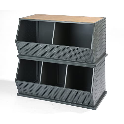 Badger Basket Metal and Bamboo Three Bin Stackable Charcoal/Natural Storage Cubby,97841