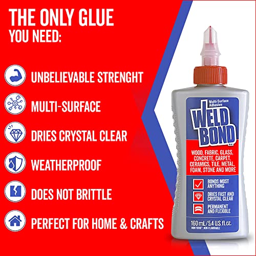 Weldbond Multi-Surface, Non-Toxic Adhesive Glue, Bonds Most Anything. Wood Glue or for Crafts Fabric Glass Mosaic Carpet Ceramic Tile Metal Stone & More. ​Dries Crystal Clear 5.4oz /160ml - 2 Pack