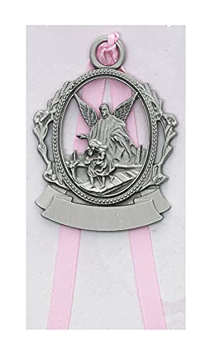 CatholicStore Guardian Angel Crib Medal with Pink Ribbon, Fine Pewter, 2-1/2", mcv-pw15-p