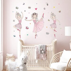 3 pink ballerina baby girls wall stickers, ulendis removable lovely ballet girls with butterfly wall decals, little princess wall art decor for girls bedroom living room dance room