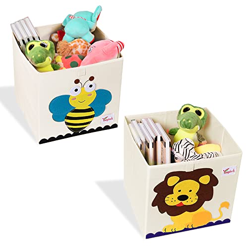 SITAKE 2 Pcs Foldable Animal Toy Storage Box/Bin/Cube, Collapsible Storage Organizer Chest Basket Container for Kids, Toddlers, Boys and Girls(13 x 13 x 13 Inch, Lion & Bee)