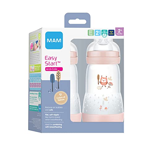 MAM Easy Start Matte Anti-Colic Baby Bottles, 9 oz (2 Count), Medium Flow Nipples, Baby Girl,2 Count (Pack of 1)