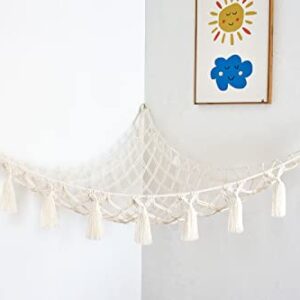 Mingtex Macrame Toy Hammock - for Stuffed Animals and Plush Toys, Soft Net Storage with Wooden Photo Clips, Soft Corner Hanging Netting, White Large