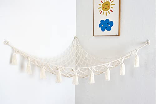 Mingtex Macrame Toy Hammock - for Stuffed Animals and Plush Toys, Soft Net Storage with Wooden Photo Clips, Soft Corner Hanging Netting, White Large