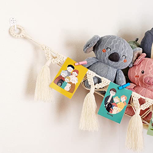 Mingtex Macrame Toy Hammock - for Stuffed Animals and Plush Toys, Soft Net Storage with Wooden Photo Clips, Soft Corner Hanging Netting, White Large