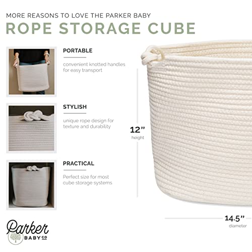 Parker Baby Rope Storage Cube Bin - 11 Inch Nursery Cubby Storage Bin Cubes for Cube Organizer, Closet Organizers and Storage Toy Bin, Rope Baskets Bins for Toy’s Storage - White