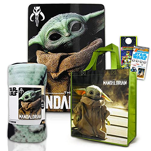 Classic Disney Star Wars Baby Yoda Fleece Blanket Set for Kids, Teens, Adults - Bundle with 45x60 Inch Baby Yoda Throw Blanket, Tote Bag, Stickers and More (Mandalorian Baby Yoda Room Decor)