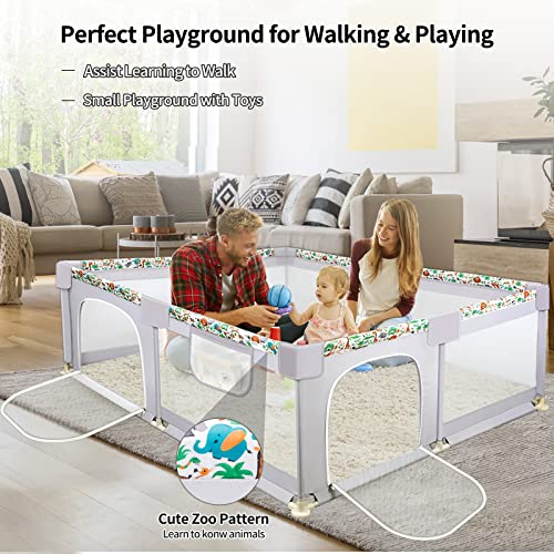 Baby Playpen, 2NLF playpen for Babies and Toddlers, 71 x 59 Inches Extra Large Baby Play Yards with Zoo Print, Infant Safety Gates with Breathable Mesh, Indoor Kids Activity Center, Anti-Fall Baby Pen