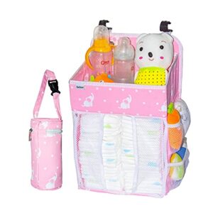 selbor baby nursery organizer and diaper caddy, hanging diaper stacker storage for changing table, crib, playard - nursery organization for newborn (pink starry elephant, bottle cooler included)