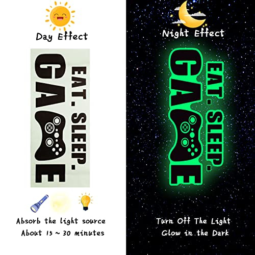 Eat Sleep Game Wall Decal Glow in The Dark Gamer Boy Wall Stickers Vinyl Video Game Wall Decor Gaming Controller Wall Decals for Boys Room Kids Bedroom Home Playroom Decoration