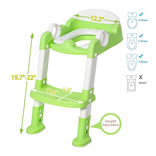 Potty Training Toilet Seat with Step Stool Ladder for Boys and Girls,Toddler Kid Children Toilet Training Seat Chair with Handles,Height Adjustable,Non-Slip Wide Step(Green)