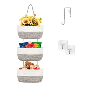 aivatoba over door hanging basket, 3-tier wall mount hanging cotton rope storage organizer, decorative storage basket for living room (brown)