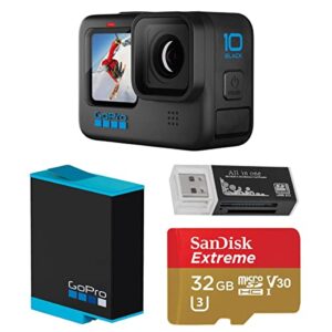 gopro hero10 black, waterproof action camera, 5.3k60/4k video, 1080p live streaming, essential bundle with extra battery, 32gb microsd card, card reader