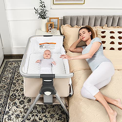 BABY JOY Baby Bassinet, Portable Bassinet Bedside Sleeper w/Mattress, Carrying Bag, Storage, Mesh, Built-in Wheel, Adjustable Height/Angle, Folding Crib for Newborn Infant, Bedside Bassinet, Beige