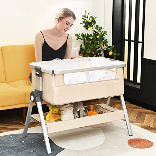 BABY JOY Baby Bassinet, Portable Bassinet Bedside Sleeper w/Mattress, Carrying Bag, Storage, Mesh, Built-in Wheel, Adjustable Height/Angle, Folding Crib for Newborn Infant, Bedside Bassinet, Beige