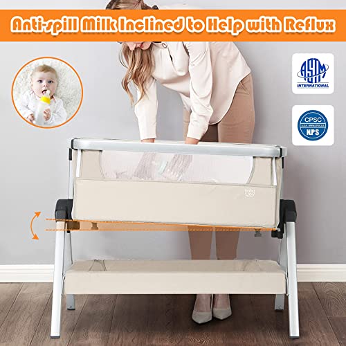 BABY JOY Baby Bassinet, Portable Bassinet Bedside Sleeper w/Mattress, Carrying Bag, Storage, Mesh, Built-in Wheel, Adjustable Height/Angle, Folding Crib for Newborn Infant, Bedside Bassinet, Beige