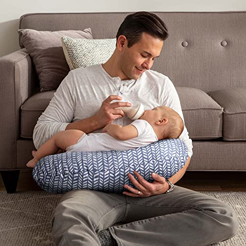 Boppy Original Support Nursing Pillow, Blue Herringbone, Ergonomic Breastfeeding, Bottle Feeding, and Bonding, with Hypoallergenic Fiber Fill, with Removable Cover, Machine Washable