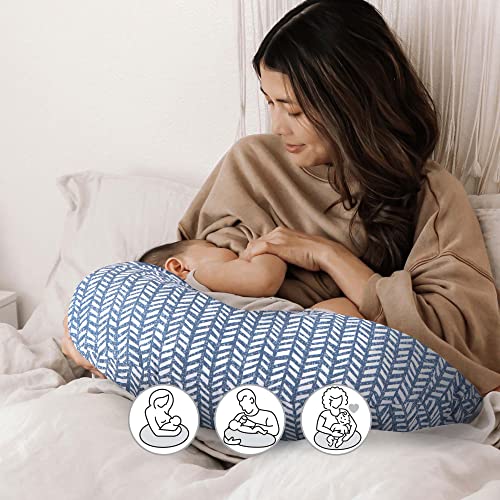 Boppy Original Support Nursing Pillow, Blue Herringbone, Ergonomic Breastfeeding, Bottle Feeding, and Bonding, with Hypoallergenic Fiber Fill, with Removable Cover, Machine Washable