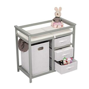 kinbor wood baby changing table - infant diaper changing station and dresser, nursery organizer with pad, laundry hamper and 3 storage baskets, gray