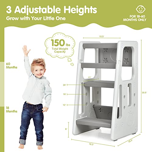 Costzon Kids Kitchen Step Stool with Double Safety Rails, Toddler Learning Stool with 3 Adjustable Heights and Non-Slip Foot Pads, Toddler Tower for Kitchen Countertop and Bathroom (Gray)