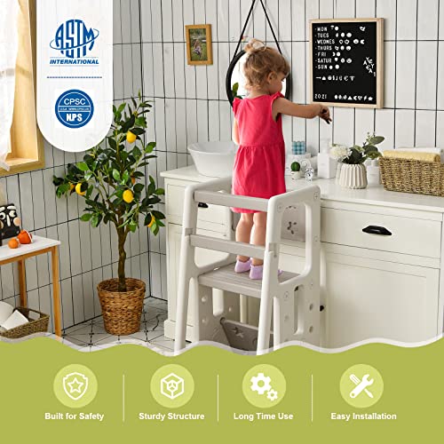 Costzon Kids Kitchen Step Stool with Double Safety Rails, Toddler Learning Stool with 3 Adjustable Heights and Non-Slip Foot Pads, Toddler Tower for Kitchen Countertop and Bathroom (Gray)