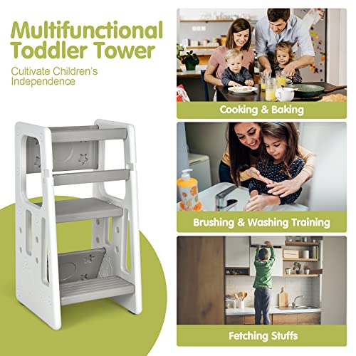 Costzon Kids Kitchen Step Stool with Double Safety Rails, Toddler Learning Stool with 3 Adjustable Heights and Non-Slip Foot Pads, Toddler Tower for Kitchen Countertop and Bathroom (Gray)