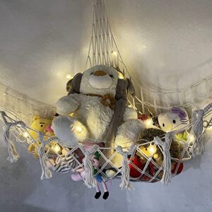 stuffed animal net or hammock to store plush pet toys,large stuffed animal hammock with tassels,toy hammock with boho style,toy net hammock with star string lights (big)