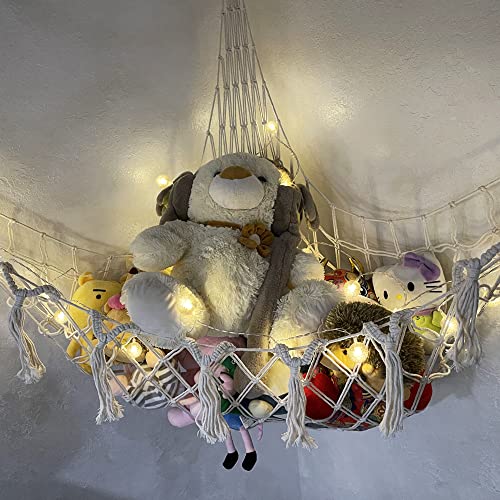 Stuffed Animal Net Or Hammock to Store Plush Pet Toys,Large Stuffed Animal Hammock with Tassels,Toy Hammock with Boho Style,Toy Net Hammock with Star String Lights (Big)