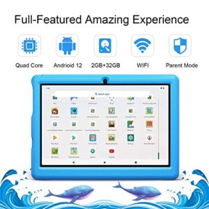 okaysea Kids Tablets 10" Android 12 Dual Camera 2GB RAM 32 GB ROM WiFi Parental Control Tablet (Blue)