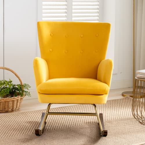 HEAH-YO Comfy Nursery Rocking Chair, Modern Glider Rocker Chair with Armrest, Upholstered Relax Velvet Lounge Chair with Thick Cushion for Living Room, Yellow