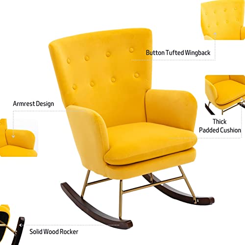 HEAH-YO Comfy Nursery Rocking Chair, Modern Glider Rocker Chair with Armrest, Upholstered Relax Velvet Lounge Chair with Thick Cushion for Living Room, Yellow