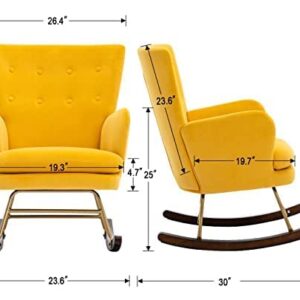 HEAH-YO Comfy Nursery Rocking Chair, Modern Glider Rocker Chair with Armrest, Upholstered Relax Velvet Lounge Chair with Thick Cushion for Living Room, Yellow